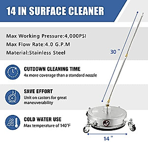 janz 14" Pressure Washer Surface Cleaner with 4 Wheels, Stainless Steel Housing, 1/4" Quick Plug, 2 Extension Wands, 2 Replacement Nozzles and 3 Spray Nozzles, 4000 PSI