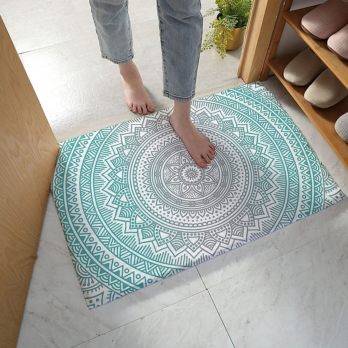 Door mat Turquoise Grey Flower Furry Door Mat Fluffy Area Rug - 18" x 30" Non-Slip Absorbent Bathroom Rugs, Floral Abstract Art Aesthetics Washable Indoor Carpet Runner for Bedroom Laundry