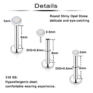 Ftovosyo 20G Threadless Push in Nose Rings Studs Surgical Steel Pushin Nose Stud 2mm 2.5mm 3mm Round White Opal Nose Piercing Jewelry for Women Men