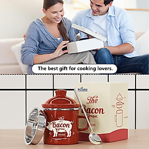 PGYARD Mini Bacon Grease Container With Strainer - 15OZ Enamel Grease Saver, Farmhouse Bacon Grease Keeper For Kitchen Fat Storage, Dishwasher Safe-Red