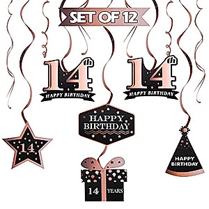 LINGTEER Happy 14th Birthday Rose Gold Swirls Streamers - Cheers to 14th Birthday Fourteen Years Old Bday Party Hanging Decorations.