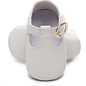 HONGTEYA Baby Girls Boys T-Strap Moccasins Baby Mary Jane Shoes Toddler Flats Infant Girl Shoes PU Soft Soled for Baby First Walk (White)