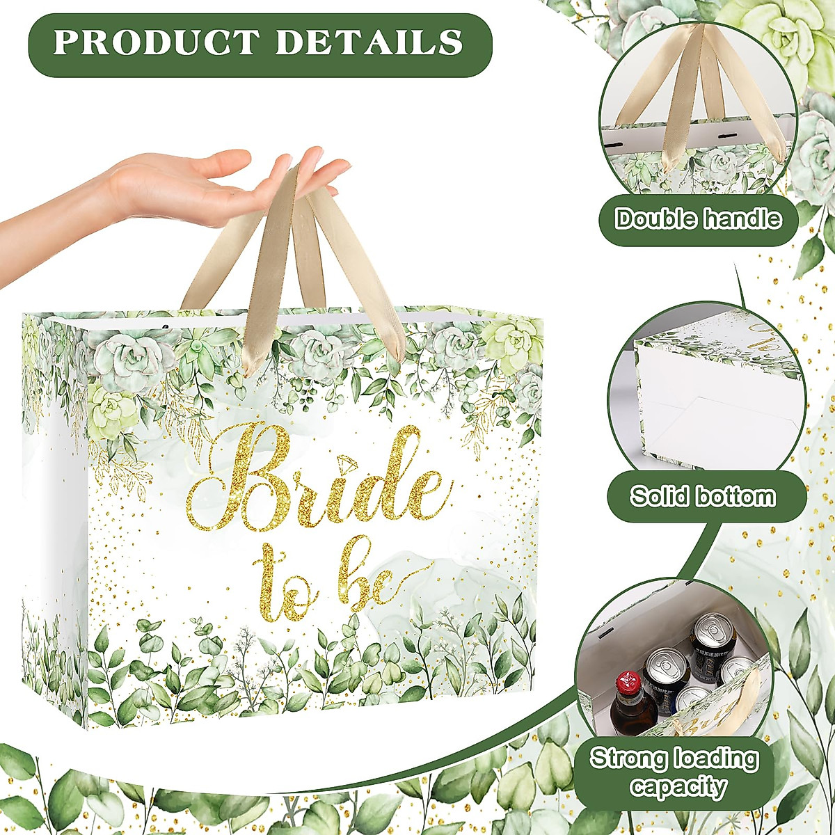 Bride Gift Bag Sage Green Bridal Shower Gift Bags with Cards Tissue Paper Large Bridal Gift Wrapping Bag Bachelorette Engagement Wedding Shower Gift Bag for Sage Green Christmas Bride to Be Party Decoration