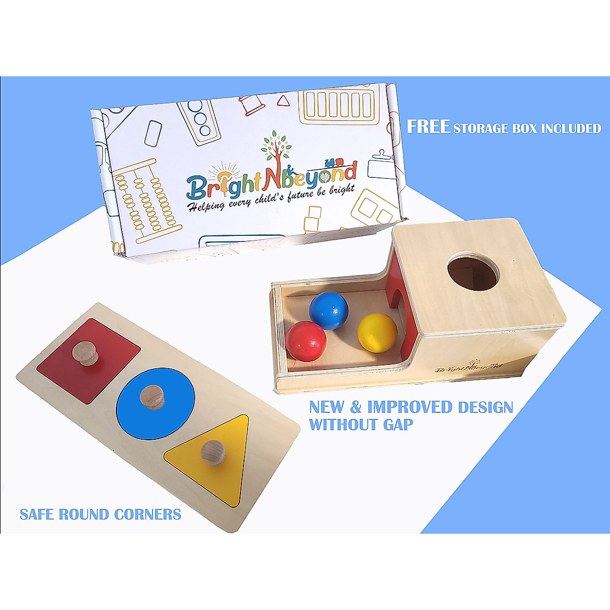 BrightNBeyond 2-for-1 Montessori Bundle with Object Permanence Box and Multiple Shape Puzzle Sorter Wooden First Shapes for 6-12 Months Infant 1 2 Year Old Motor Developmental Baby Sensory Skills Toys