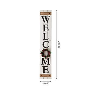 Glitzhome Wooden Welcome Sign for Porch Front Door Outdoor Rustic Farmhouse Vertical Hanging Wall Decor with Changable Wreathes, 60"H, White