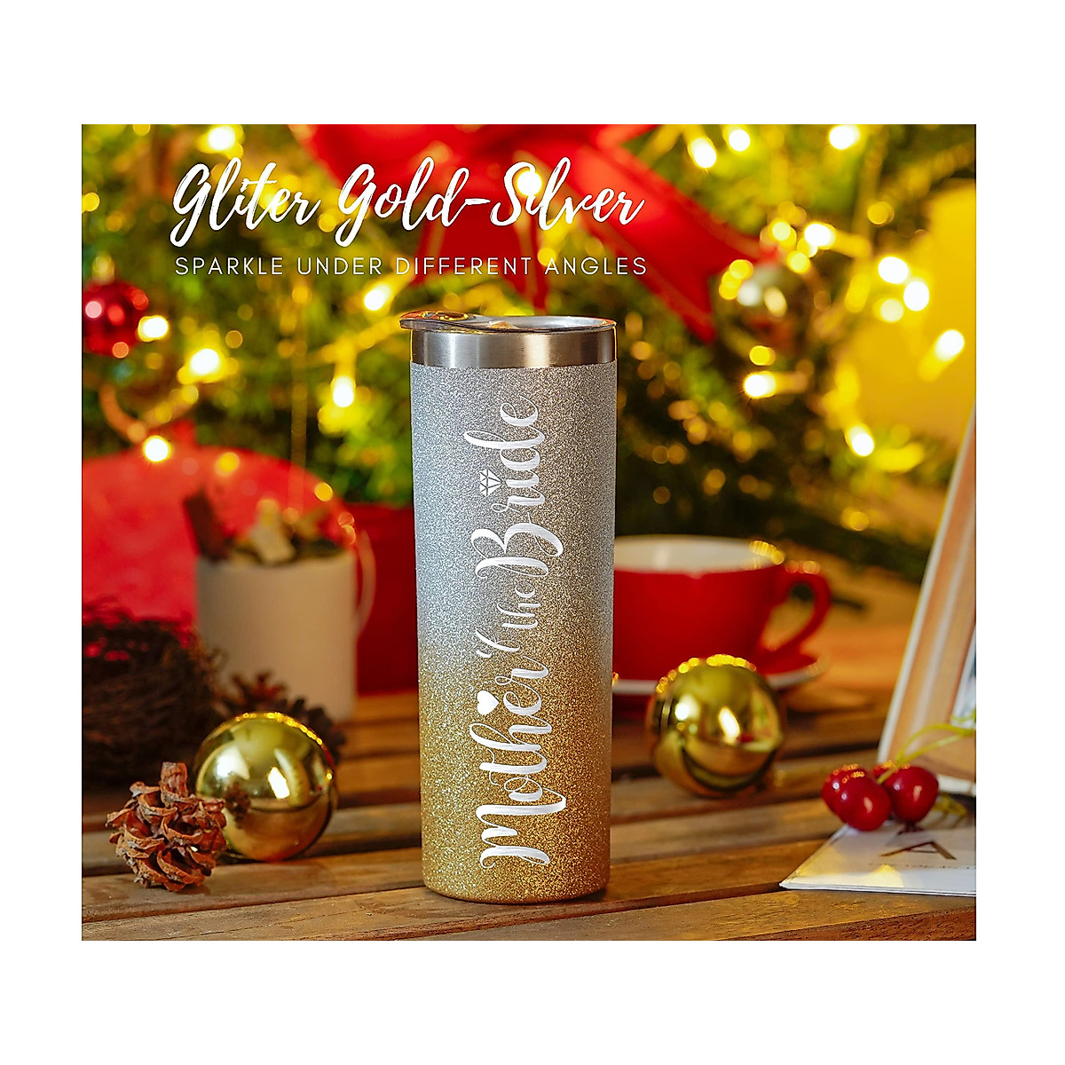 Onebttl Mother of The Bride Gifts, 20oz Stainless Steel Skinny Tumbler with Lid and Straw On Wedding Party for Brides Mom from Brides, Daughters (Glitter Gold)