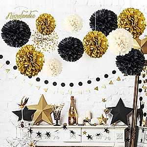 NICROLANDEE Black Gold Party Decorations - 12 PCS Black Gold White Tissue Paper Pom Poms for Wedding, Birthday, Bachelorette, Bridal Shower, Prom, Gruaduation, Festival Decorations