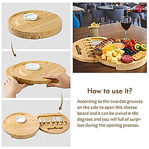BOLTLINK Cheese Board and Knife Set, Bamboo Round Charcuterie Boards Swivel Meat Platter Personalized Tray with 6 knives for Housewarming Christmas Thanksgiving Party Birthday Wedding Gifts