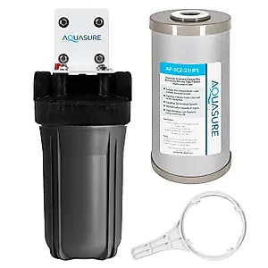 Aquasure Fortitude V2 Series Triple Purpose Sediment/Carbon/Zinc Bacteria Inhibiting Water Treatment Pre-Filter with Housing System, Small Size | Removes 99% of Contaminants