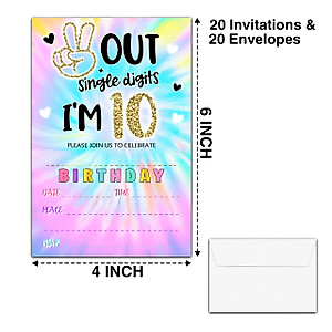 YSTEP Tie Dye 10th Birthday Party Invitations, 20 Invite Cards with Envelopes, 4"x6" Peace out Single Digits Birthday Party Invites - A13
