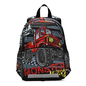 Glaphy Monster Truck Red Backpack for Kids, Boys and Girls, Toddler Backpack for Daycare Travel School, Preschool Bookbag with Chest Strap