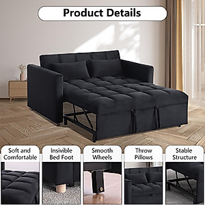 Keainvren Sleeper Sofa Convertible Sofa Bed Loveseat Sleeper Sofa Couch Futon Sofa Couch Velvet Chaise Longue Daybed with Lumbar Pillows for Living Room,Bedroom,Apartment (Black 4)