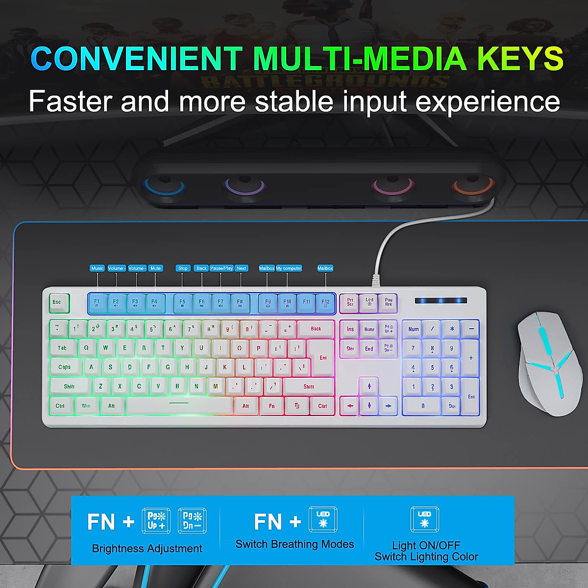 HUO JI White Gaming Keyboard USB Wired with Rainbow LED Backlit, Floating Keys, Mechanical Feeling, Spill resistant, Ergonomic for Xbox, PS Series, Desktop, Computer, PC