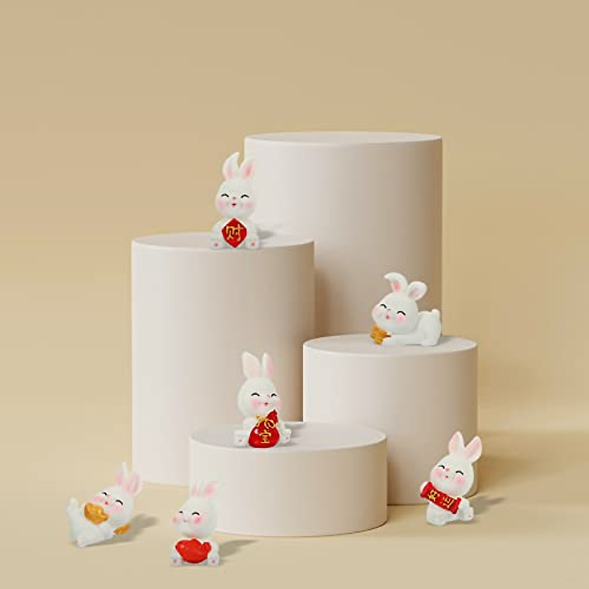 Sewroro 6pcs Mini Rabbit Figures Lucky Fortune Miniature Bunny Figurine Statue Animal Model 2023 Chinese New Year Car Decoration Souvenir Gift DIY Micro Garden Landscape Succulent Bonsai
