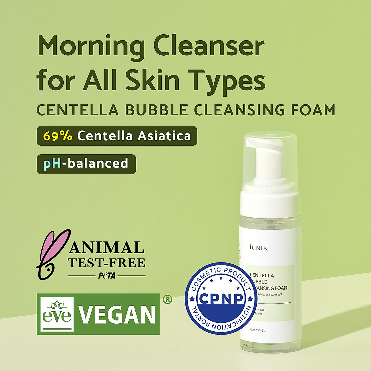 IUNIK Centella Bubble Foaming Vegan Facial Cleanser - 69% Centella Asiatica Extract, Soothing, Moisturizing, Exfoliating, Removes Pore Blackheads, Whiteheads, 5.07 Fl Oz