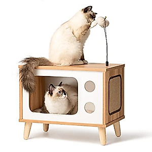 Cat House Wooden Cat Condo Cat Bed Indoor TV-Shaped Sturdy Large Luxury Cat Shelter Furniture with Cushion Cat Scratcher Bell Ball Toys