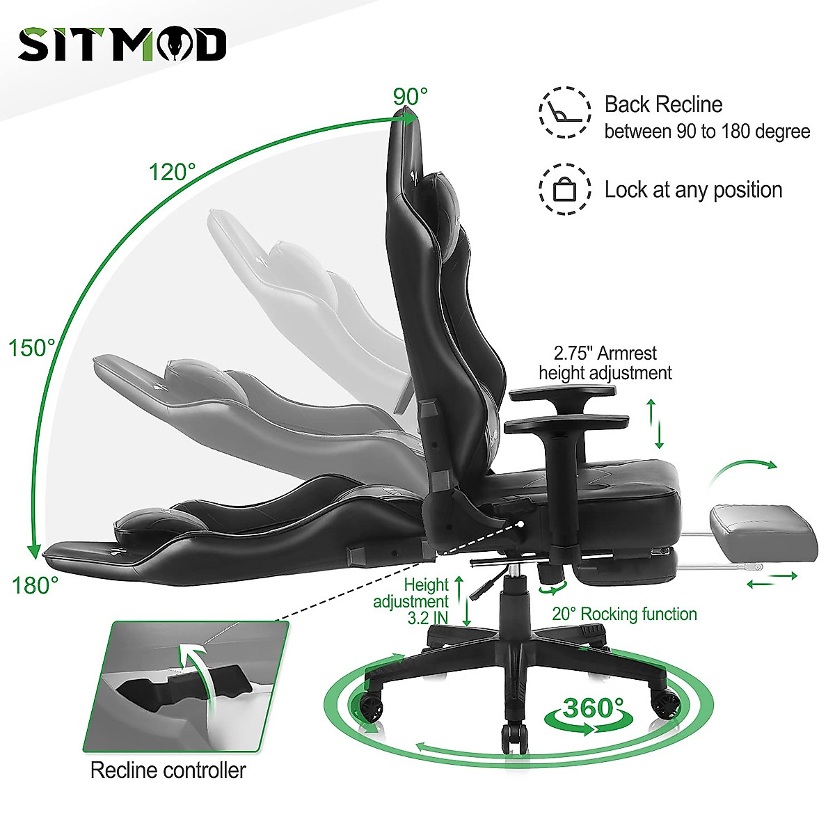 SITMOD Gaming Chairs for Adults Computer Chair with Footrest Racing Lumbar Support Gamer Chair Comfy Massage PC Leather Ergonomic Chair High Back Reclining Adjustable Swivel Video Game Chairs