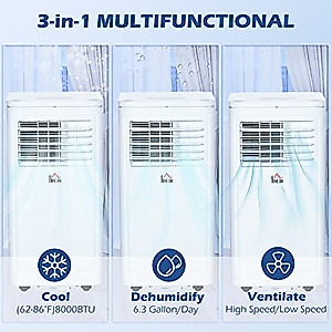 HOMCOM 8,000 BTU Portable Air Conditioners with Remote, for Rooms Up to 344 Sq. Ft., Cool Dehumidifier Fan 3-in-1 Portable AC Unit with Window Kits, White