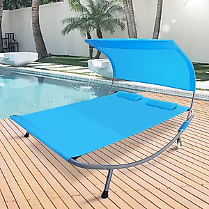 COVERONICS Patio Double Chaise Lounge Bed with Canopy,Headrest Pillow and Wheels,Portable Outdoor Hammock Bed for Patio, Yard, Pool (Beige)