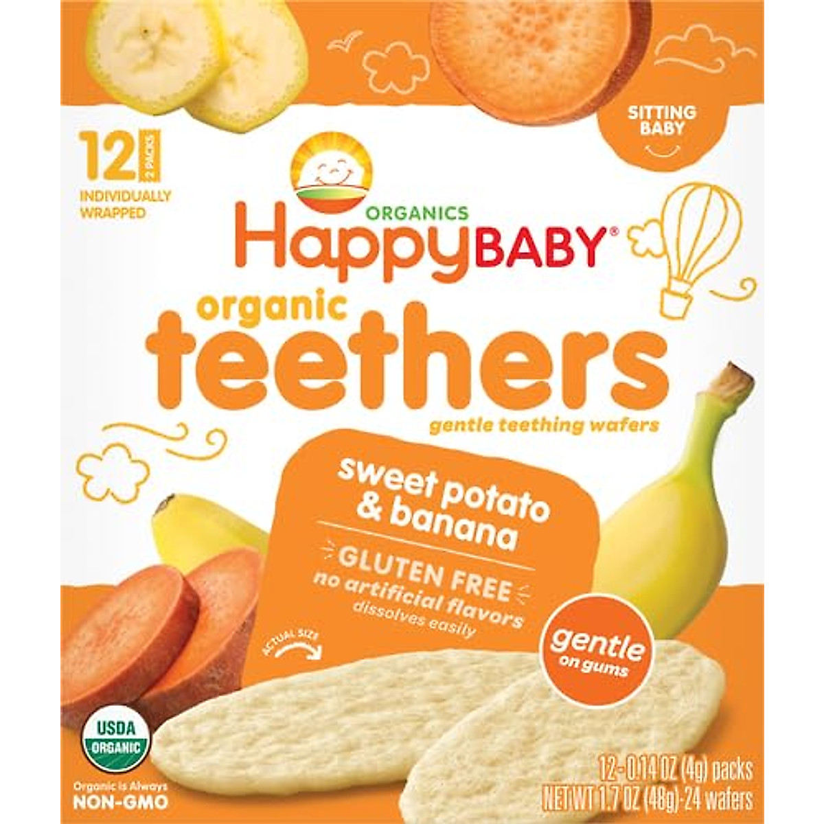 Happy Baby Gentle Teethers Organic Teething Wafers Banana Sweet Potato, Soothing Rice Cookies for Teething Babies Dissolves Easily Organic Gluten Free No Artificial Flavor,0.14 Ounce (Pack of 12)