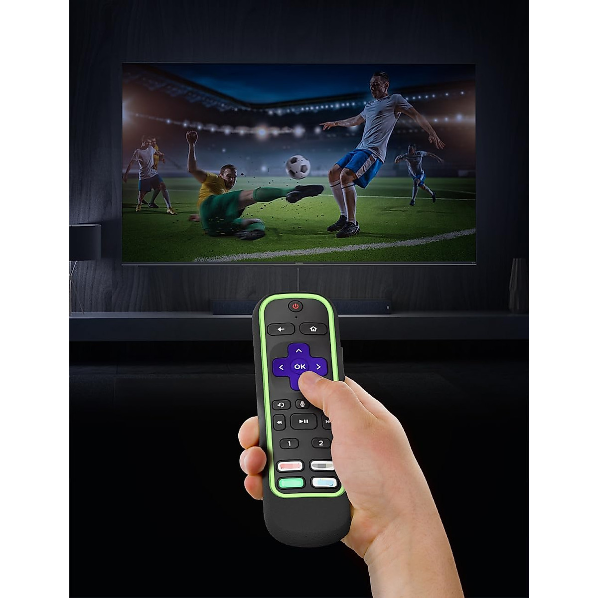 SIKAI Protective Case for ROKU Voice Remote Pro, for Roku Ultra 2020/2019 Remote, Shockproof Silicone Cover for Roku Ultra 4800R 4670R RCS01R Voice Remote Pro Anti-Lost with Loop (Black-Glow Green)