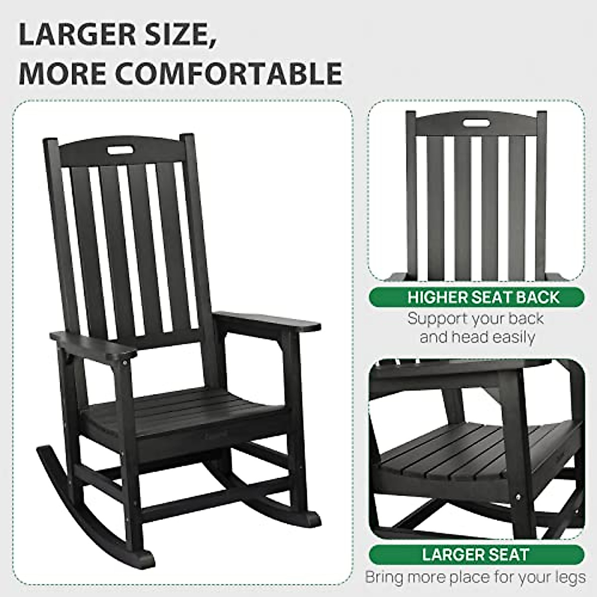 Cecarol Patio Oversized Rocking Chair Outdoor, Weather Resistant, Low Maintenance, High Back Front Porch Rocker Chairs 385lbs Support Poly Lumber Rocker, Wood-Like Plastic Chair, Black-PRC01