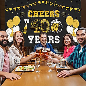 DARUNAXY 40th Birthday Black Gold Party Decorations, Cheers to 40 Years Banner for Men 40 Year Old Birthday Party Supplies, Large Fabric 40 Birthday Backdrop Photography Background for Women
