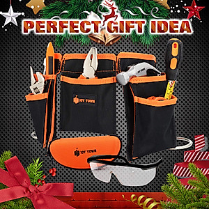 JoyTown Kids Real Tool Set - Junior Steel Forged Tool Kit for Children with Real Hand Tools, Kids Tool Belt, Portable Tool Bag, Perfect Learning Tools for Home DIY (Orange & Black)