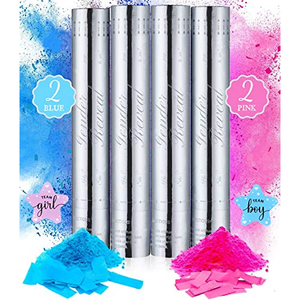 Gender Reveal Confetti Powder Cannon - 2 Blue & 2 Pink Poppers - Gender Reveal Party Supplies - Smoke Powder & Confetti Sticks Cannons - Gender Reveal Stickers 40pcs (20 Girl 20 Boy)
