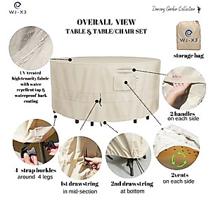 WJ-X3 Round Patio Furniture Cover, 62" D x 28" H, Waterproof, UV Resistant, Anti-Fading Outdoor Cover for Round Dining Table and Chairs Set, Beige