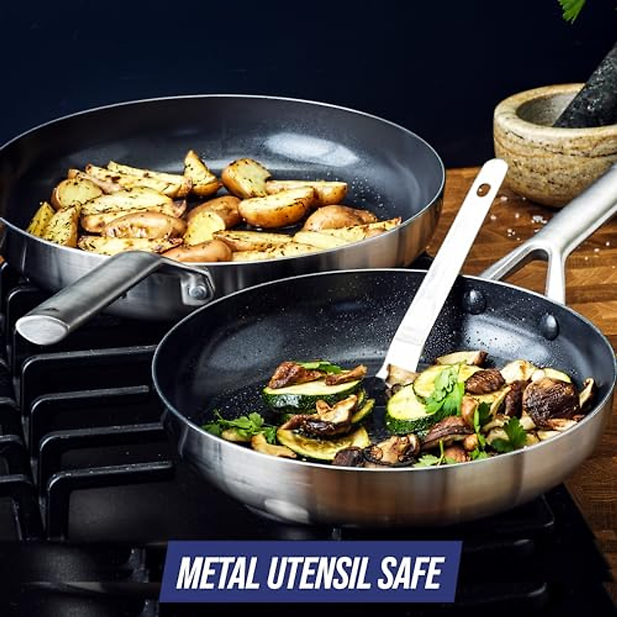 Blue Diamond Cookware Tri-Ply Stainless Steel Ceramic Nonstick, 9.5" and 11" Frying Pan Skillet Set, PFAS-Free, Multi Clad, Induction, Dishwasher Safe, Oven Safe, Silver