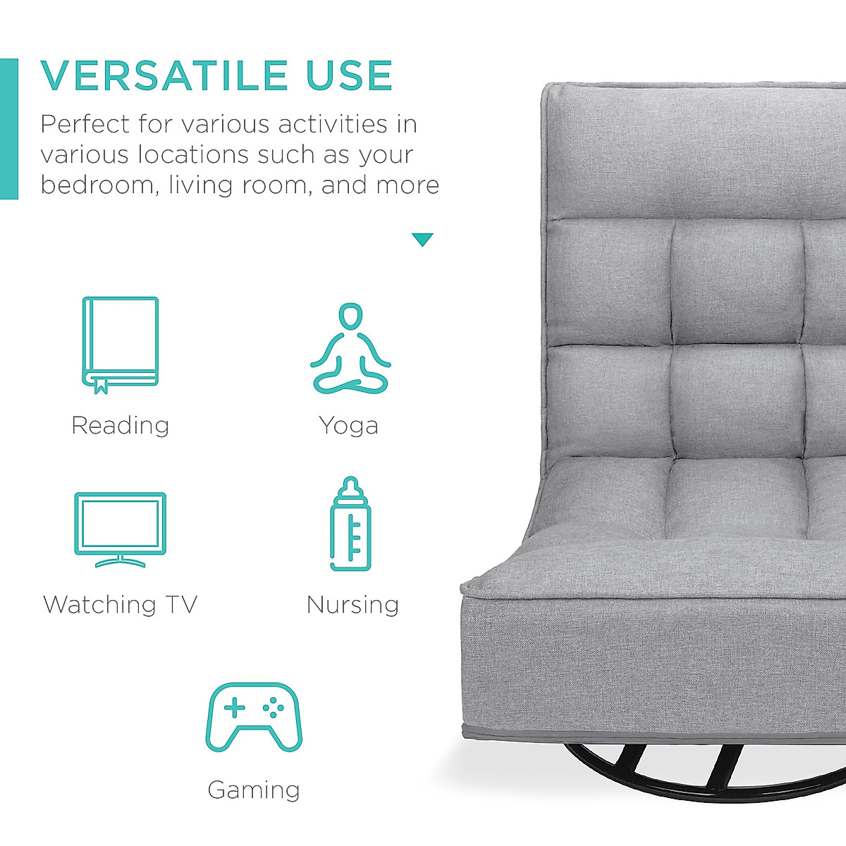 Best Choice Products Reclining Folding Floor Gaming Chair for Home, Office, Lounging, Reading w/ 360-Degree Swivel, 4 Adjustable Positions, Tufted Cushions - Gray