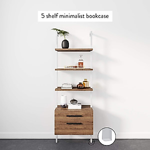 Nathan James Theo Industrial Bookshelf with Wood Drawers and Matte Steel Frame, 3-Shelf, Oak/White