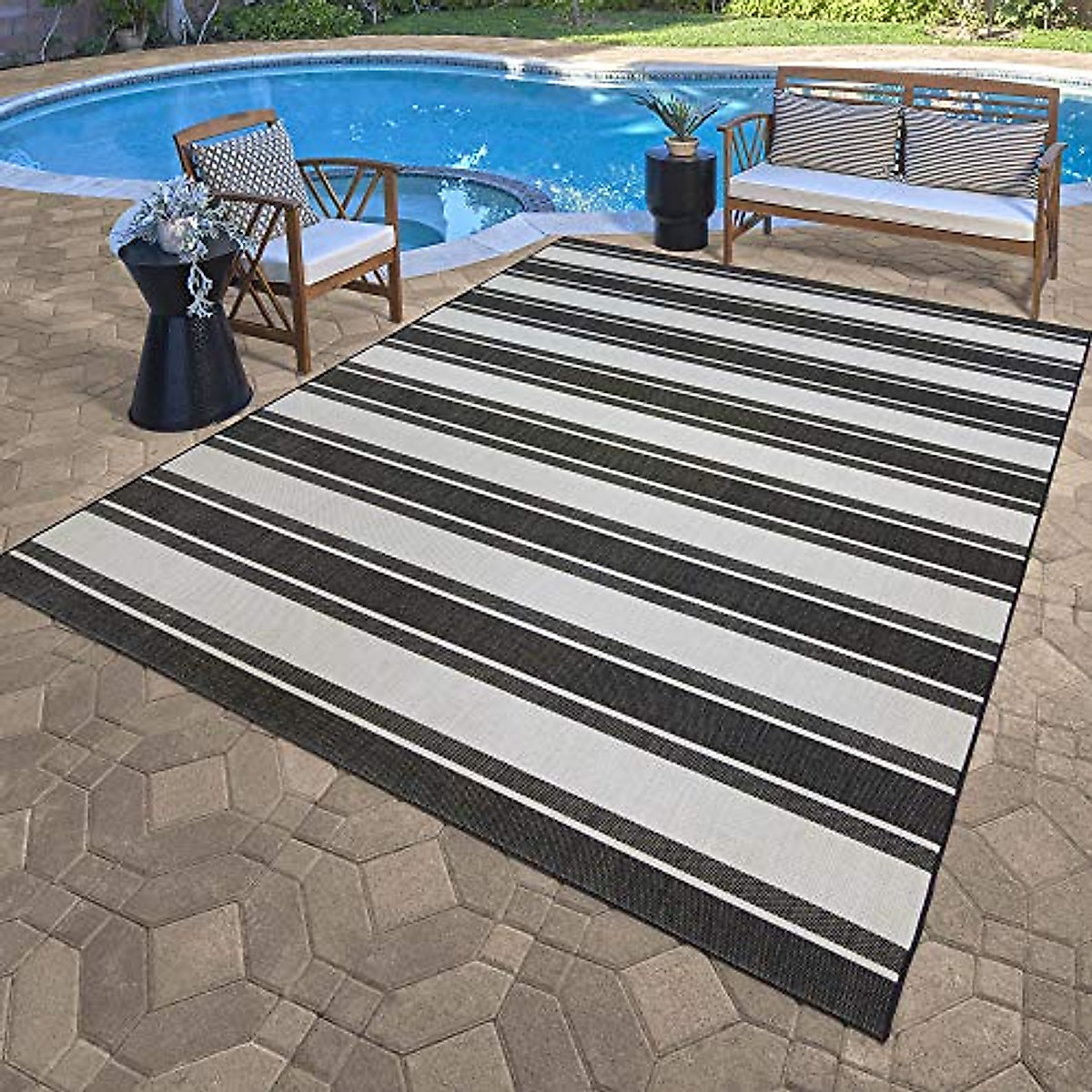 Gertmenian Indoor Outdoor Area Rug, Classic Flatweave, Washable, Stain & UV Resistant Carpet, Deck, Patio, Poolside & Mudroom, 5x7 Ft Standard, Stripes, Black White, 37706