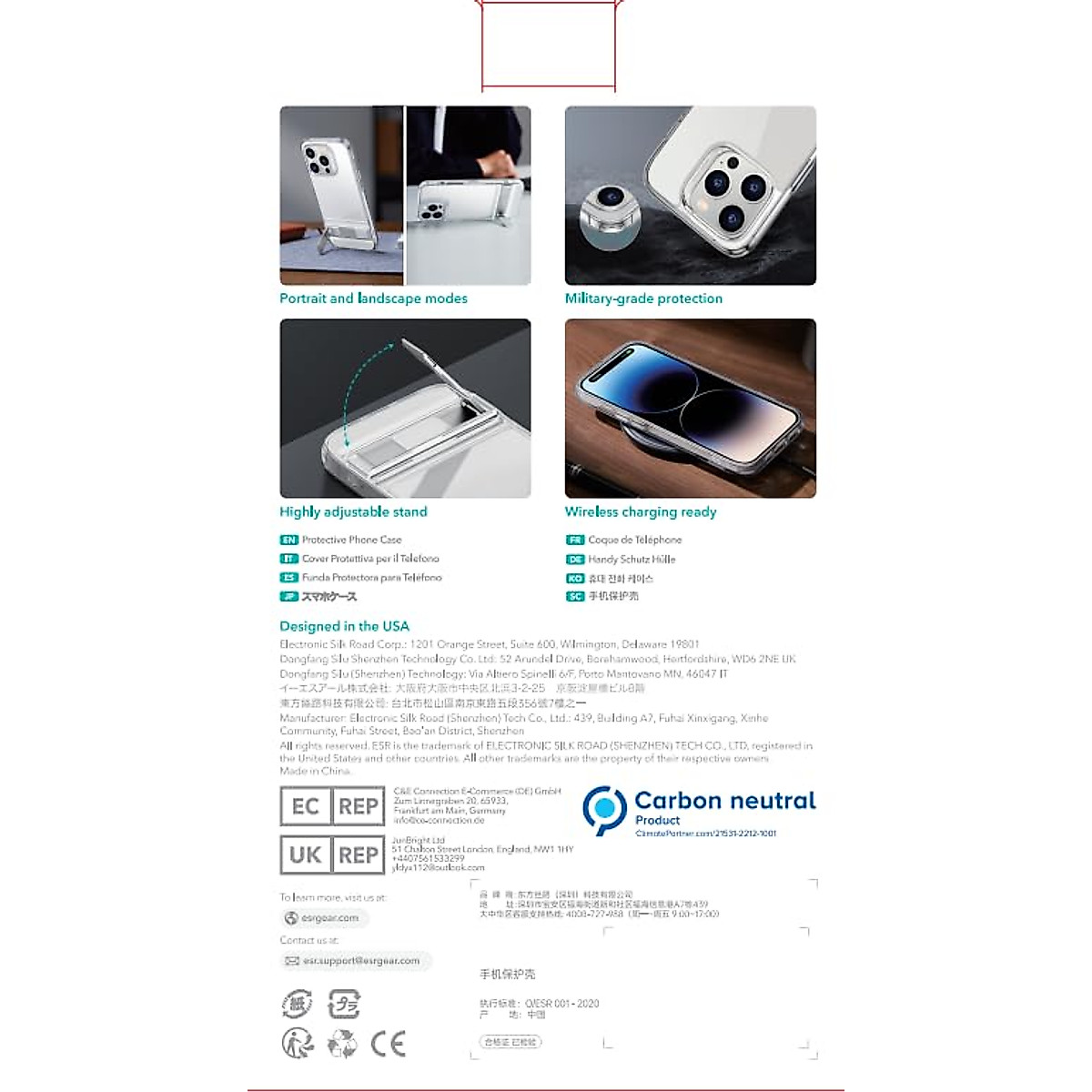 ESR for iPhone 14 Plus Case, 3 Stand Modes, Military-Grade Drop Protection, Supports Wireless Charging, Slim Back Cover with Stand, Phone Case for iPhone 14 Plus, Metal Kickstand Case, Clear