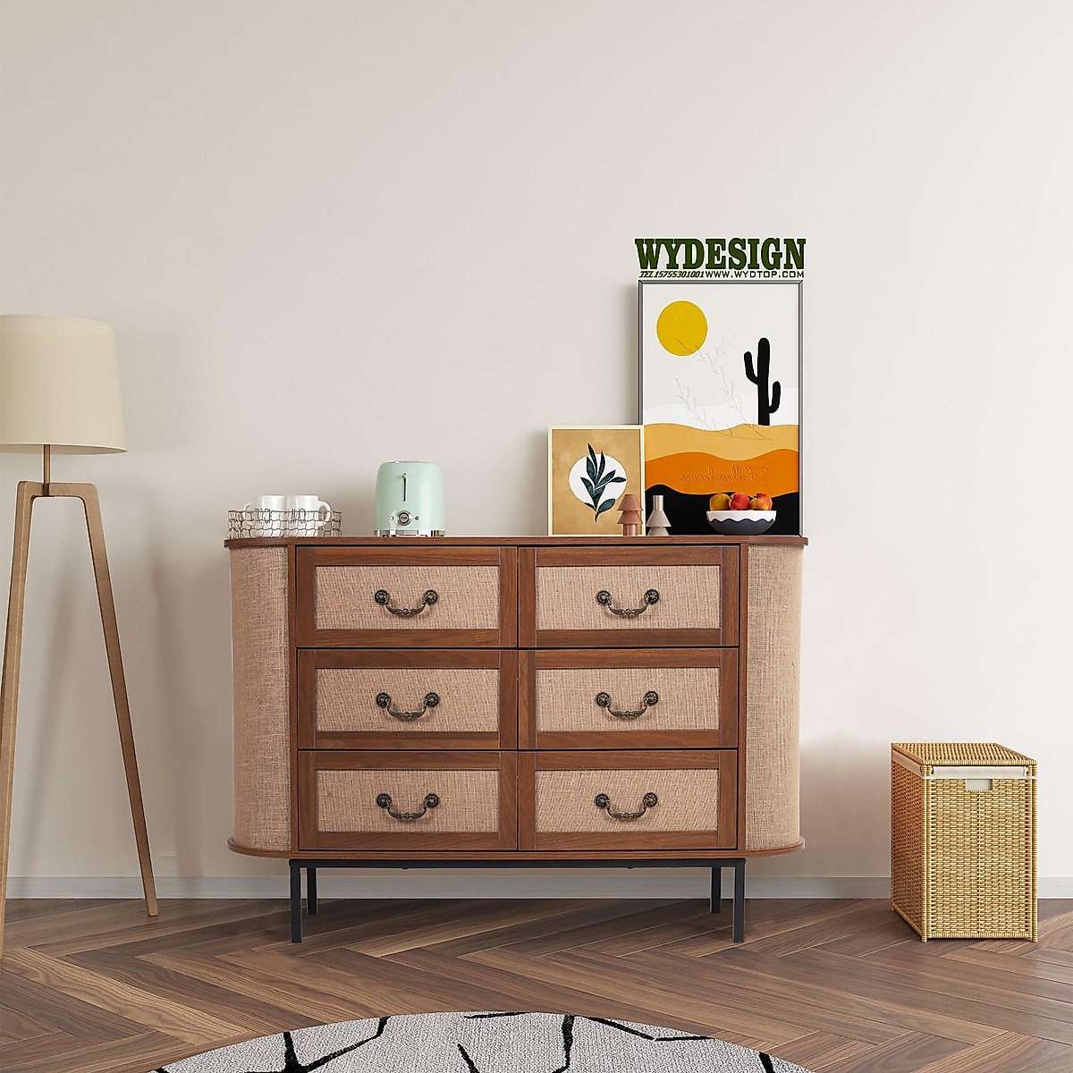 FurSch Rattan 6 Drawer Dresser for Bedroom,47.2" Curved Wooden Chest of Drawers,Large Six Drawer Double Dresser for Bedroom (Walnut, 47.2inch)