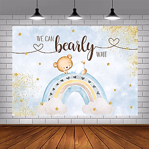 AIBIIN 7x5ft Bear Baby Shower Backdrop for Boy Rainbow Stars Clouds Gold Dots Blue Photography Background Baby Shower Party Deacorations Banner Photo Booth Studio Props
