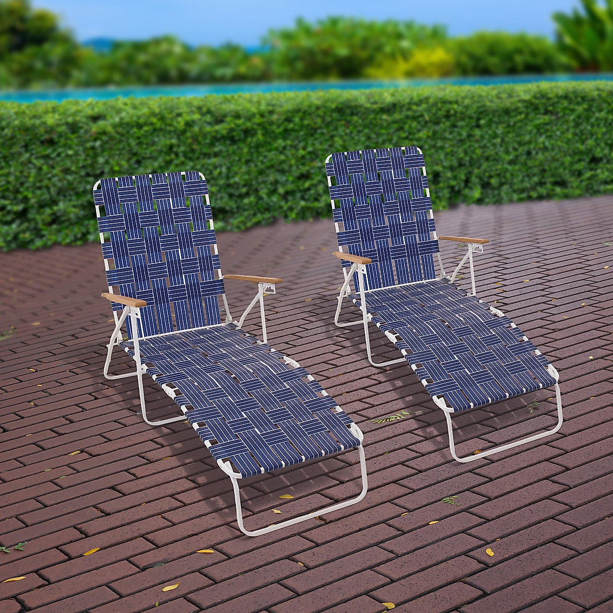 RIO Brands High Back Outdoor Folding Chaise Lounge Chair with Blue Woven Webbing, White Powder Coated Steel Frame and Hardwood Armrests, Blue (2 Pack)