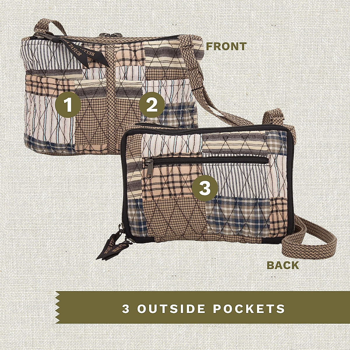 Bella Taylor Essentials Crossbody Purse with Built In Wallet, Quilted Cotton Ashmont Tan, Grey and Cream Patchwork