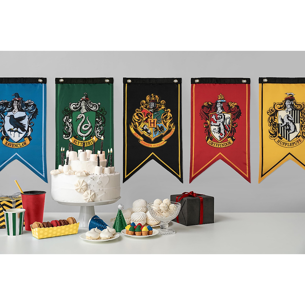 Conquest Journals Harry Potter Wizarding House Banner Flag Set, 12'' x 20'' Polyester Flags, Set of 5 Includes Hogwarts Crest, Gryffindor, Slytherin, Ravenclaw & Hufflepuff Banners, Birthday Party
