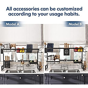 Over The Sink Dish Drying Rack, 2-Tier Adjustable Length(33.5-36.2in) Dish Rack Sink Shelf, Expandable Large Stainless Steel Dish Drainer for Kitchen Counter Organizer Space Saver with 8 Hooks