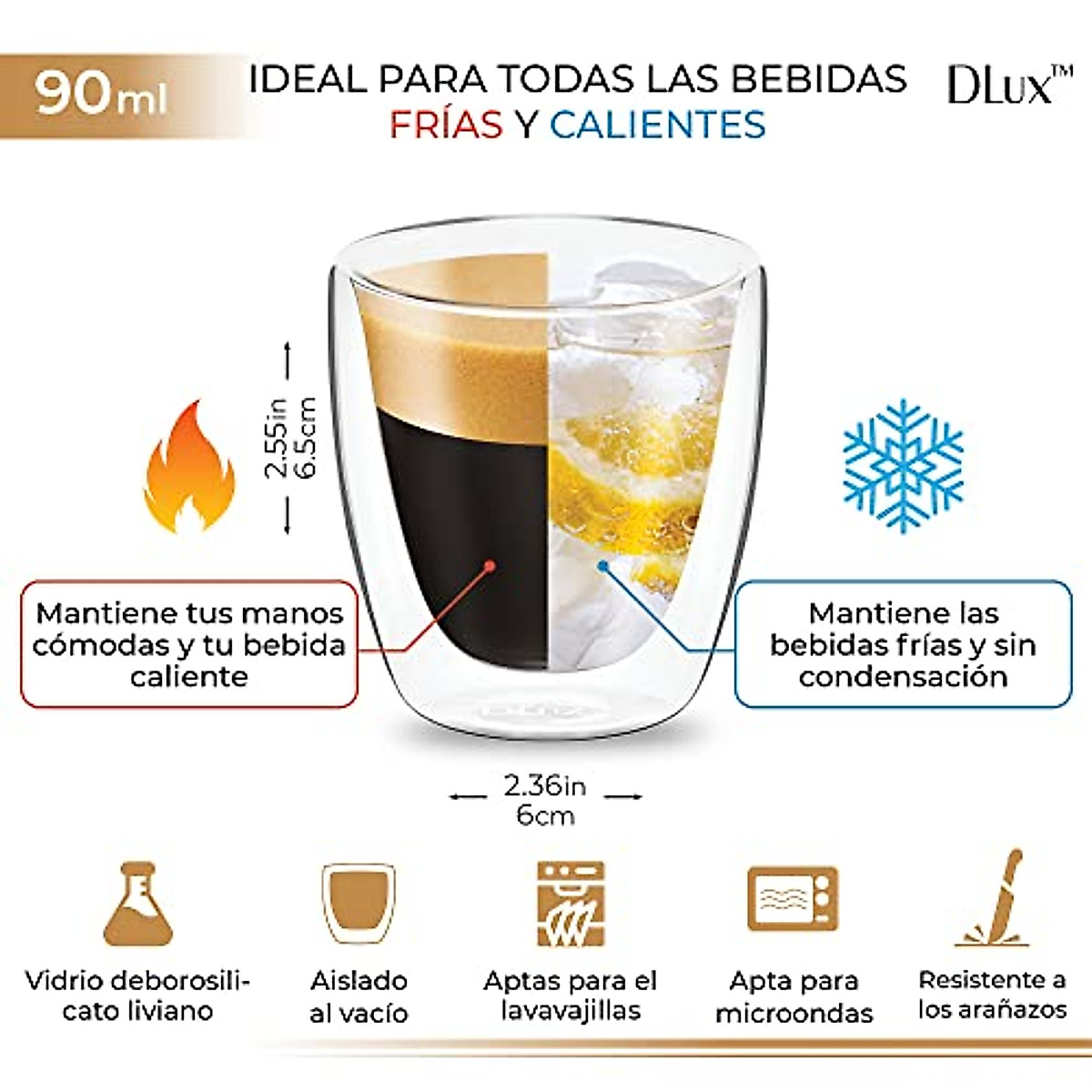 DLux Espresso Coffee Cups 3oz, Double Wall, Clear Glass Set of 2 Glasses, Insulated Borosilicate Glassware Tea Cup Mug