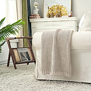 Longhui bedding Chunky Cable Knit Throw Blanket Lightweight Beige 100% Organic Cotton Blanket for Sofa Couch Bed Baby Nursery, Rustic Shabby Chic Modern Farmhouse, 51” x 63” Give Laundering Bag