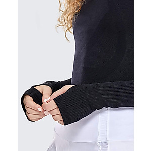 CRZ YOGA Women's Seamless Athletic Long Sleeves Sports Running Shirt Breathable Gym Workout Top Black-Slim Fit Large