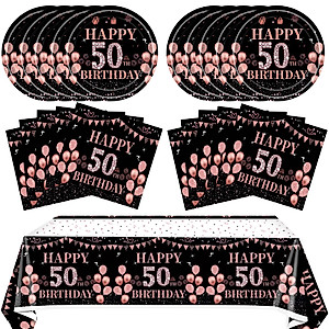 41PCS 50th Birthday Decorations Vintage 50th Party Tableware Set 50th Birthday Plates Napkins Tablecloth Black and Rose Gold 1975 Birthday Decor For Women