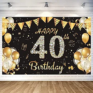 Happy 40th Birthday Backdrop Banner ,40 Years Old Birthday Decorations Party Supplies Black and Gold Party Decorations for Women Men Cake Table Decor Banner Photo Booth Props 71×45inch- Black Gold