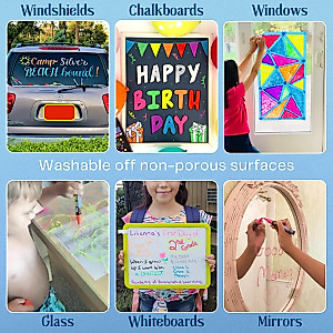 MoodClue liquid chalk markers for glass, mirrors, windows, car windshields, auto, white boards, glass boards, chalkboards. 6 neon. Reversible - thick, thin tip. Washable, erasable. Wet or dry erase.