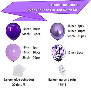Purple Balloons Garland Kit, 92pcs Lavender Balloons Eggplant Balloons Metallic Purple Balloons Arch Different Sizes 18'' 12'' 10'' 5'' for Women Girls Birthday, Purple Theme Party Decorations