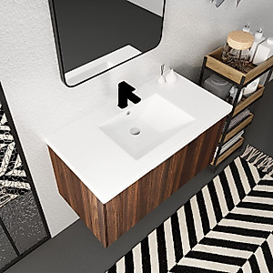Float Mounting Bathroom Vanity with Sink - 36 Inch Wood Hanging Bath Cabinet with Sink, Soft Close Doors, Modern Bathroom Vanity Set with Top Basin & Storage Cabinet for Apartment Dorm