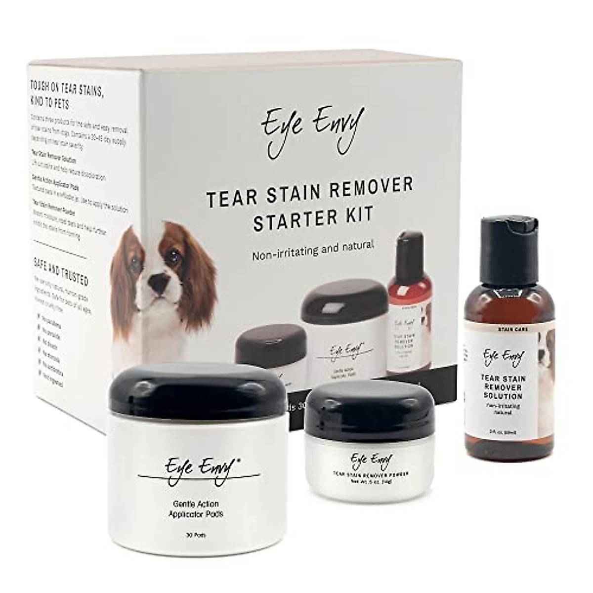 Eye Envy Dog Tear Stain Remover Starter Kit | Tear Stain Essentials in one kit at a 2-Step System | Lasts 30-45 Days | Solution 2 fl.oz, Applicator Pads 30 Count and Powder 0.5oz